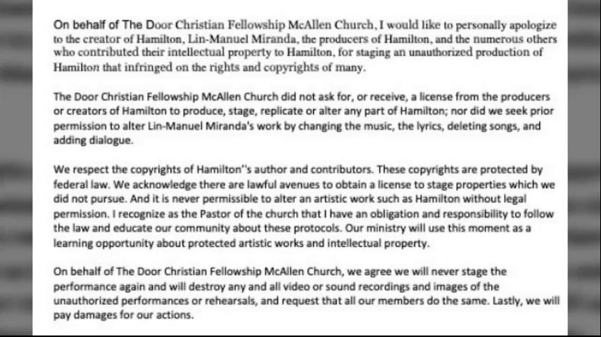 McAllen church issues apology for unauthorized production of 'Hamilton'