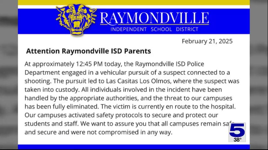 Raymondville ISD police engaged in vehicle pursuit of a shooting suspect
