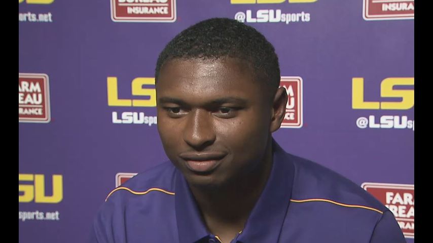 LSU Senior Safety Jacoby Stevens speaks with the media