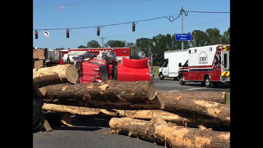 Pickup crushed by logs from overturned log truck